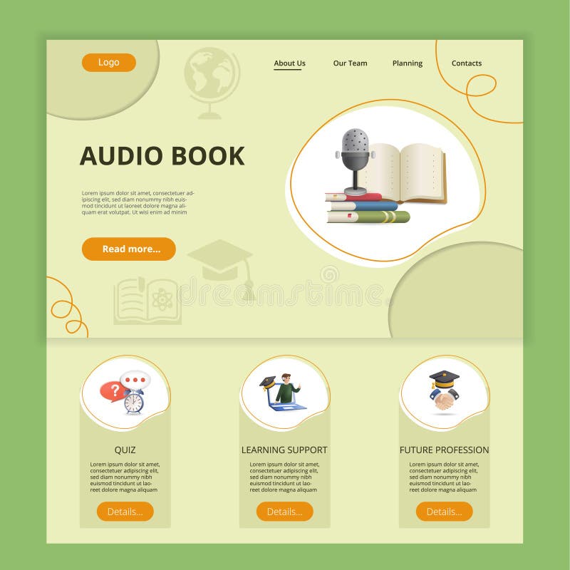 Audio Book Flat Landing Page Website Template. Quiz, Learning Support ...