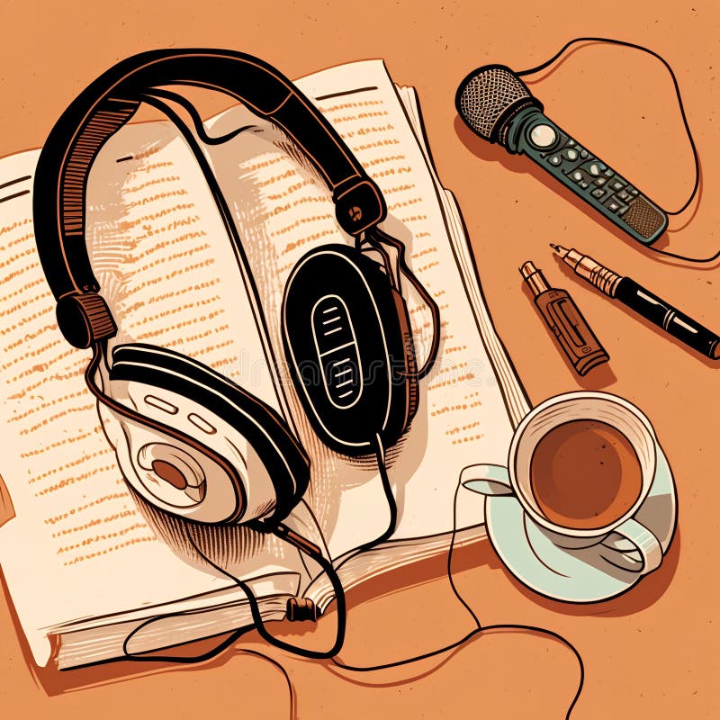 Audio Book with Headphones and a Cup of Coffee. Vector Illustration ...