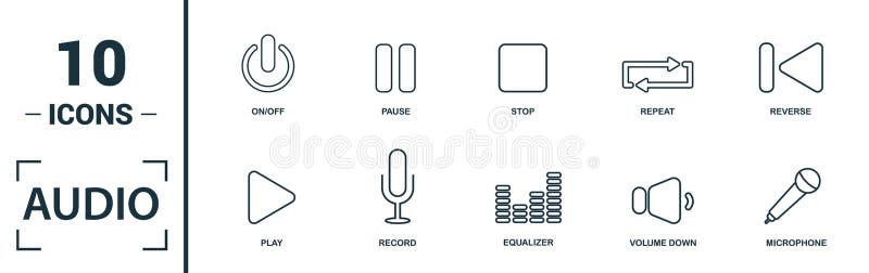 Audio Buttons Icon Set. Include Creative Elements Play, Pause, on Off ...