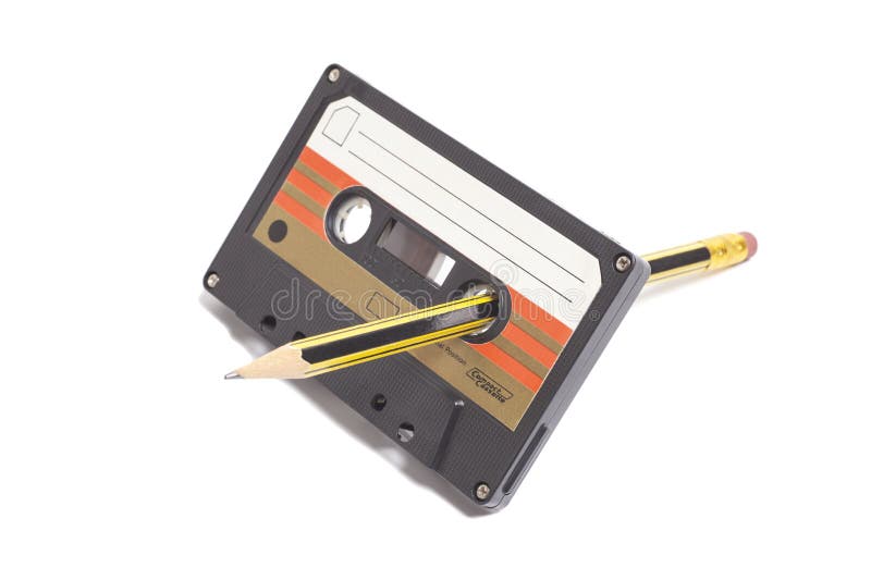 Audio Cassette Tape With Pencil Isolated On White Background Vintage 80 S Music Concept Stock
