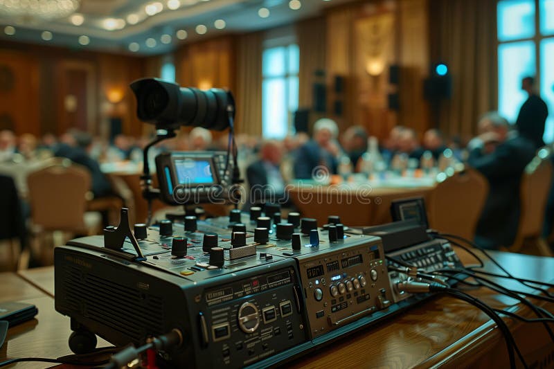 Audio Console Glows in a Conference Room during a Live Interpretation ...