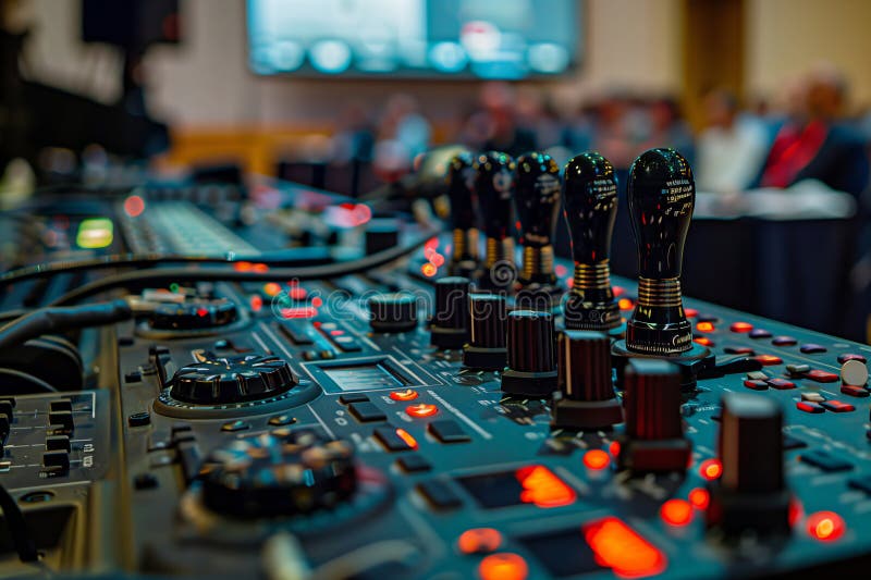 Audio Console Glows in a Conference Room during a Live Interpretation ...