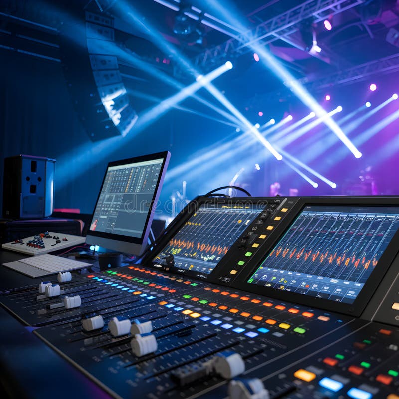 Audio Console with Vibrant Lights, Knobs, and Screens in Concert Venue ...