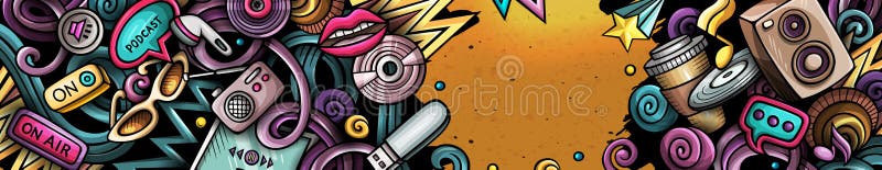 Audio Content Doodle Banner. Cartoon Vector Horizontal Header Stock ...