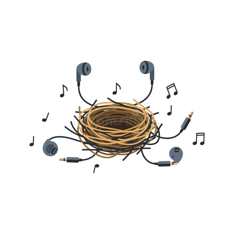 Audio Earphone Cables Tangled in Nest Shape with Music Notes Vector ...