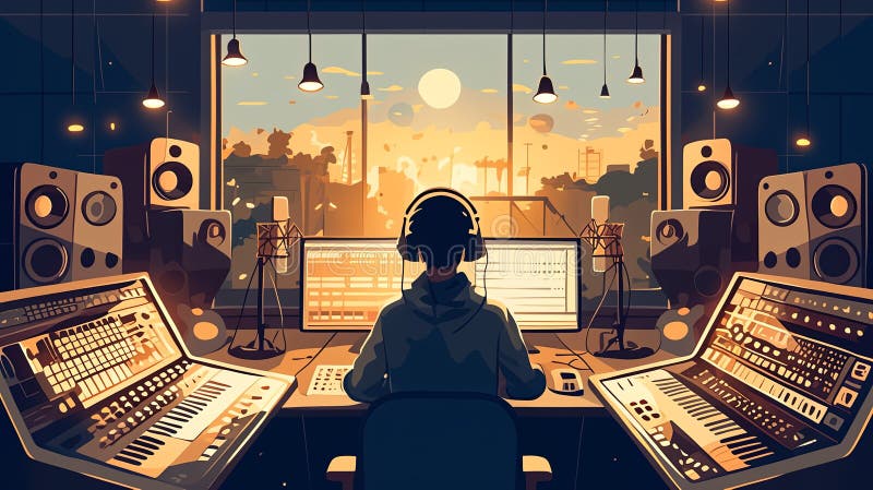 Audio Engineer Working in a Studio with Equipment during Sunset Stock ...