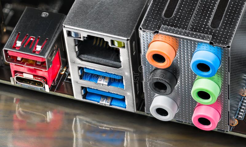Audio Female Connectors in Standard Color Code on Computer Mainboard ...