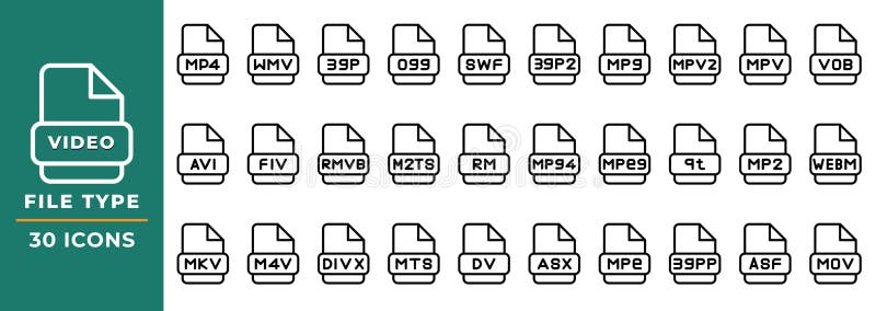 File Format Video Icons Set in Outline Style. Collection of File ...