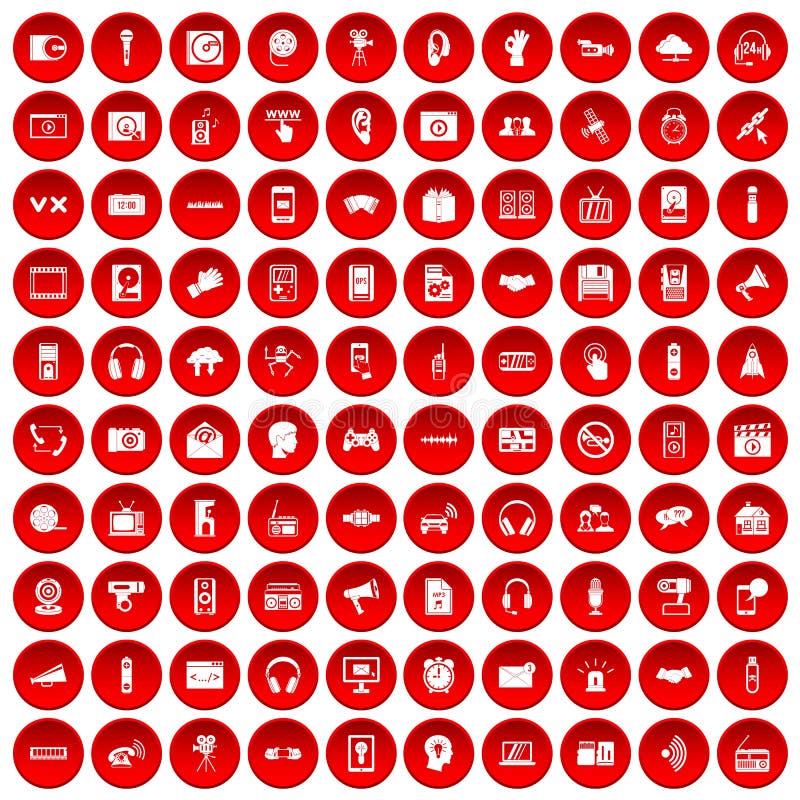 100 audio icons set red stock vector. Illustration of audiobook - 96575931