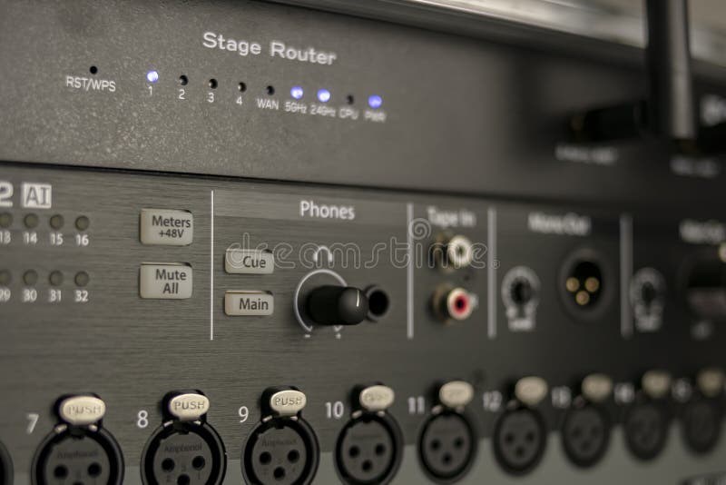 Inputs and Outputs of an Analog Audio Mixer with Eight Channels Stock ...