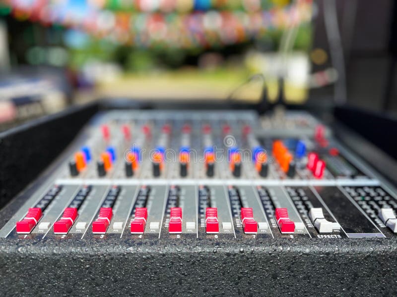 Audio Mixer Soundboard. the Mixing Console Features Several Rows Stock ...