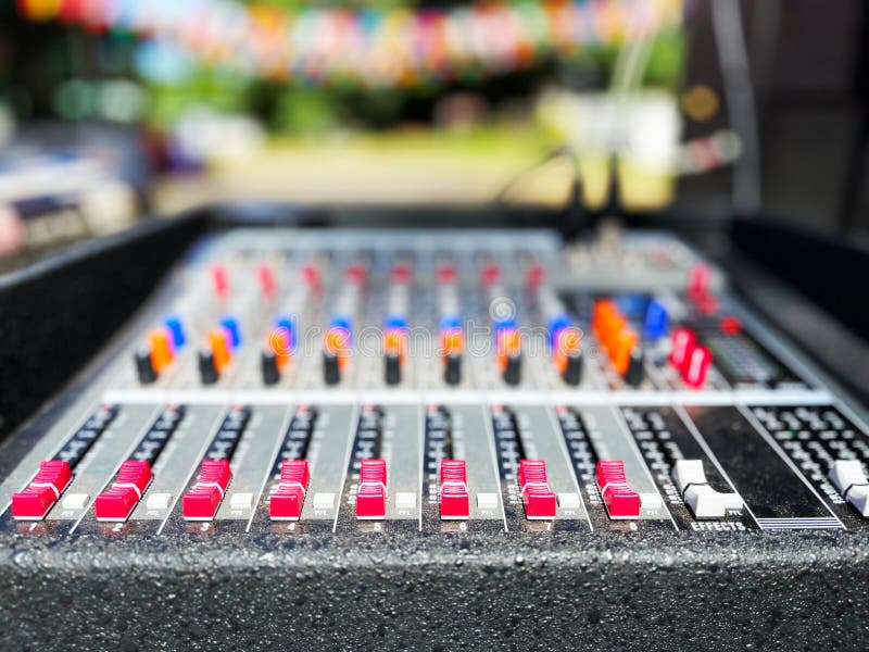 Audio Mixer Soundboard. the Mixing Console Features Several Rows Stock ...