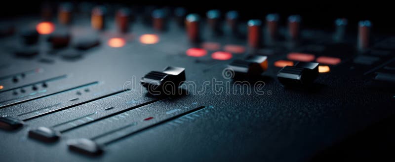 The Audio Mixing Console with Sliders and Glowing Buttons in a Dark ...
