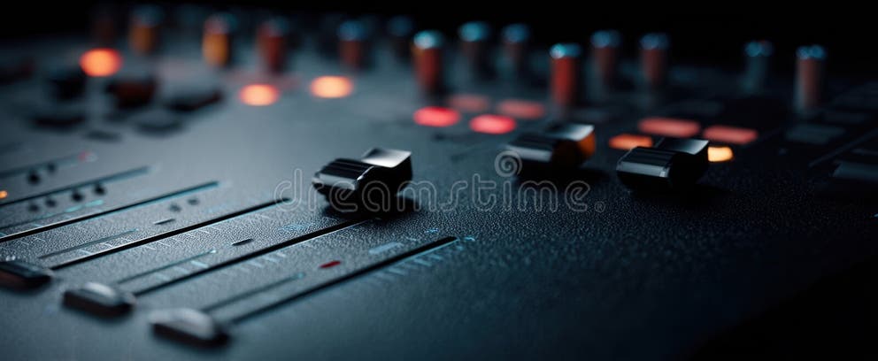 The Audio Mixing Console with Sliders and Glowing Buttons in a Dark ...