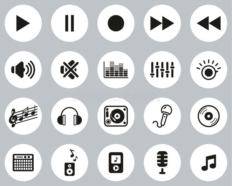 Audio or Sound Icons Black & White Flat Design Circle Set Big Stock ...