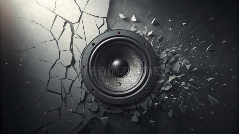 Powerful Audio Speaker Shattering Dark Concrete Barrier, Generating ...