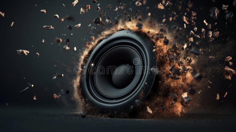 Audio Speaker Exploding with Brown Dust Particles on Dark Background ...