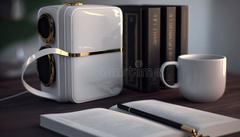 Audio Speaker, Pen and Notebook, Cup and Books on the Table. Generated ...