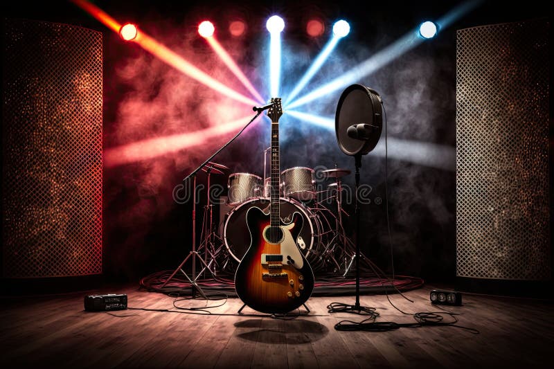 Audio Speaker on Stage, with Guitar and Microphone for Intimate Concert ...