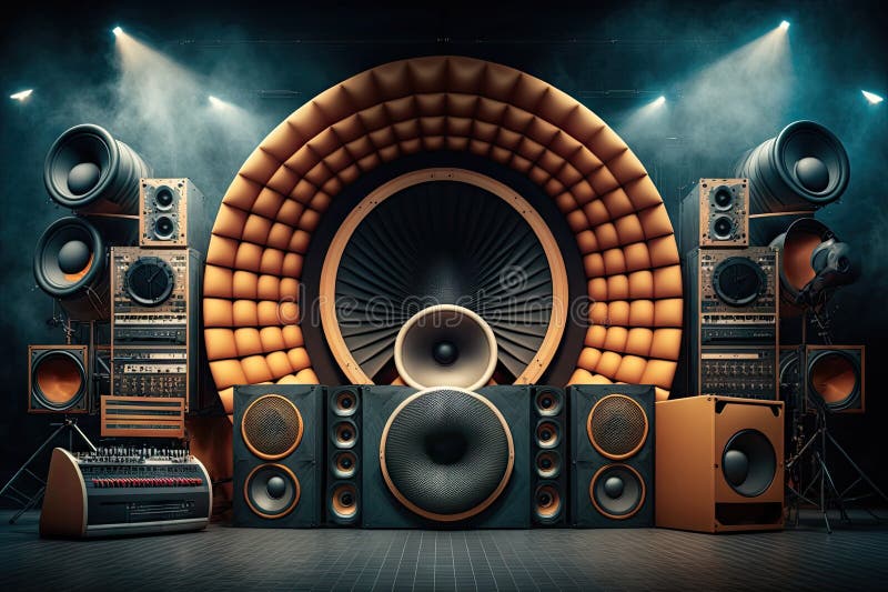 Audio Speaker on Stage, Surrounded by Instruments for a Live Music ...