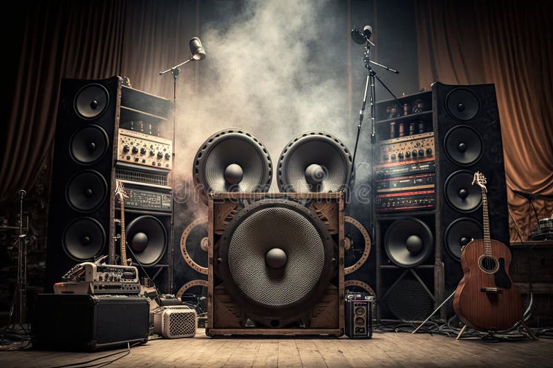 Audio Speaker on Stage, Surrounded by Instruments for a Live Music ...