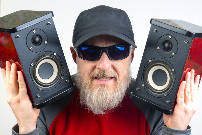 Audio Speakers in the Hands of a Bearded Man. Sound and Modern Media ...