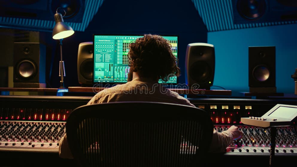 Audio Technician Working in Control Room To Edit and Process Tracks ...