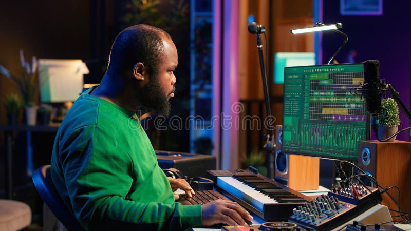 Audio Technician Works with Recording Tools in His Home Studio Stock ...