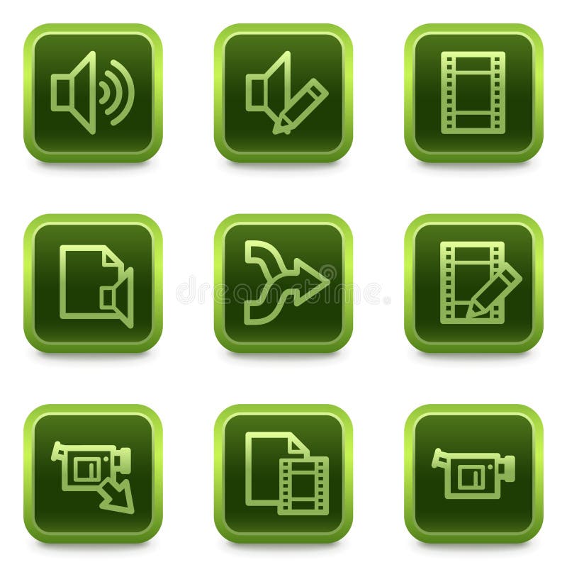 Audio Video Edit Web Icons, Green Square Buttons Stock Vector ...