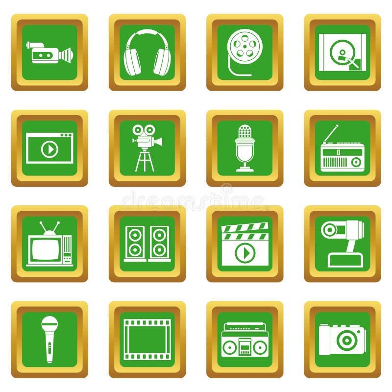 Audio and Video Icons Set Green Stock Vector - Illustration of earphone ...