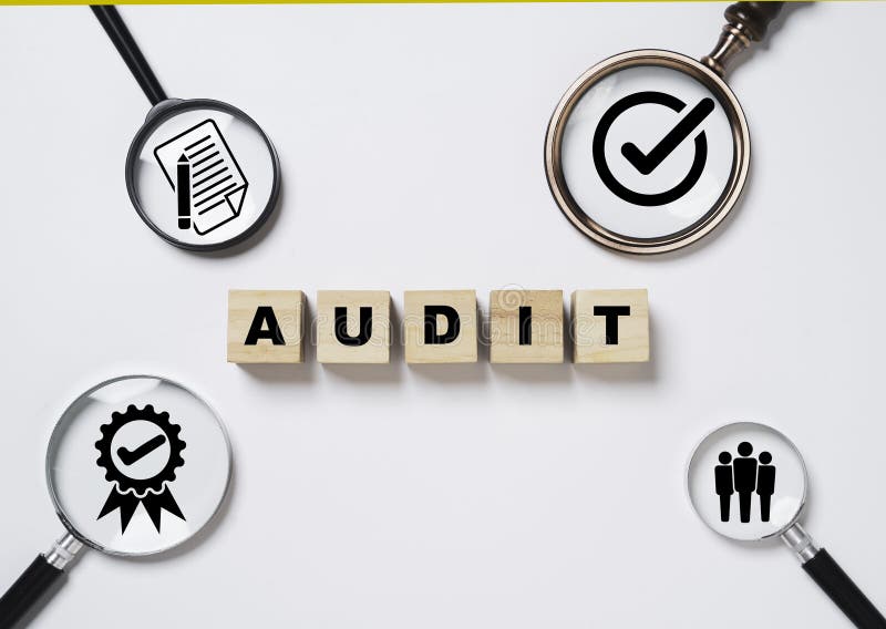 Audit Wording with Magnifier and Icon Include Document , Certificate ...