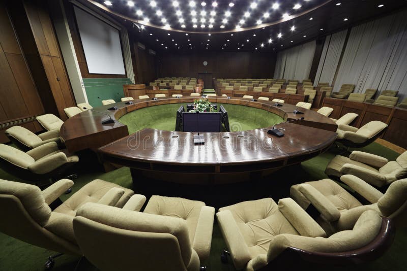Auditorium with Round Table and Armchairs Stock Image - Image of lights ...