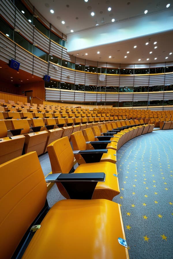 Auditorium with Rows of Yellow Chairs in a Large Building Stock Photo ...