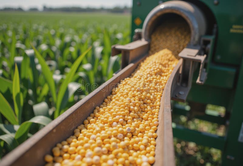 Auger Conveyor Transporting Corn into a Grain Bin in a Lush Field Stock ...
