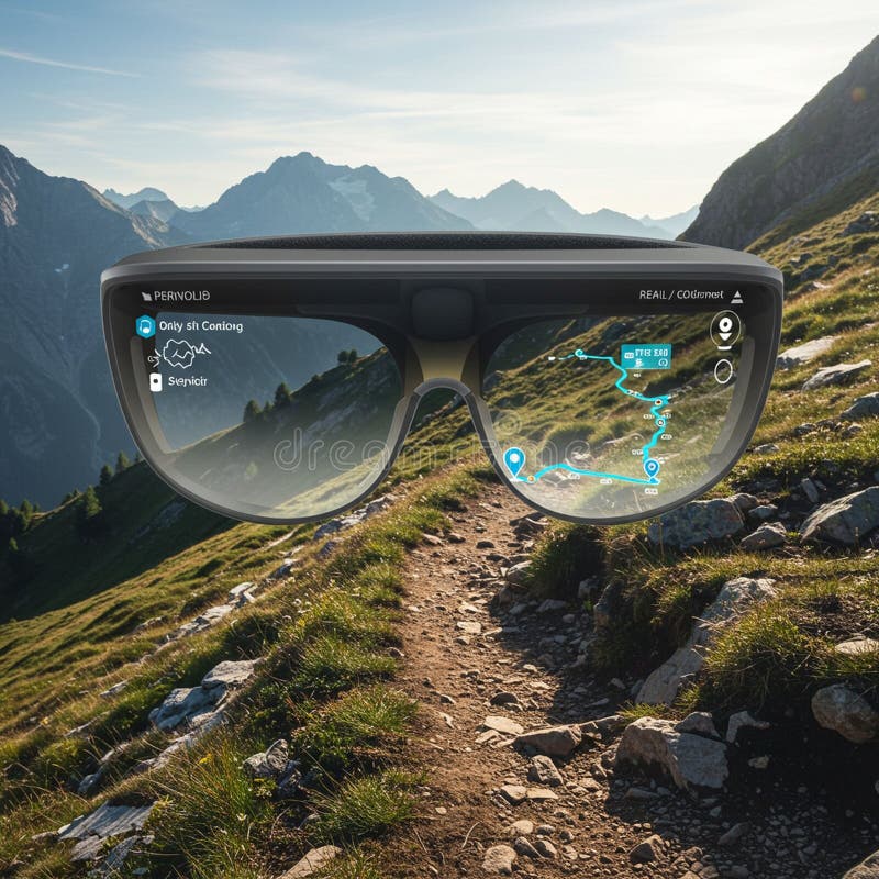 Augmented Reality (AR) Glasses Overlay a Mountainous Hiking Trail. the ...