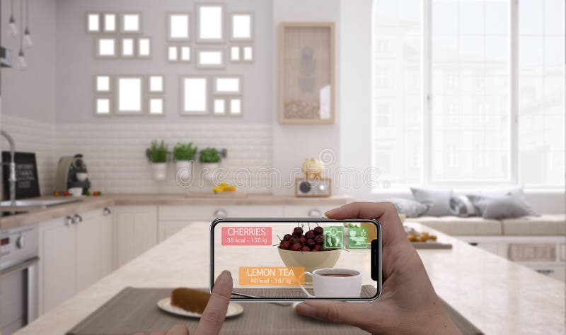 Augmented Reality Concept. Hand Holding Digital Tablet Smart Phone Use ...
