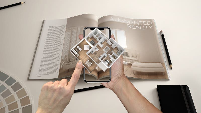 Augmented Reality Concept. Hand Holding Tablet with AR Application Used ...