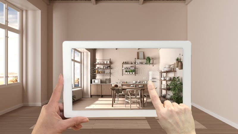 Augmented Reality Concept. Hand Holding Tablet with AR Application Used ...