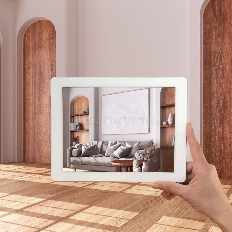 Augmented Reality Concept. Hand Holding Tablet with AR Application Used ...