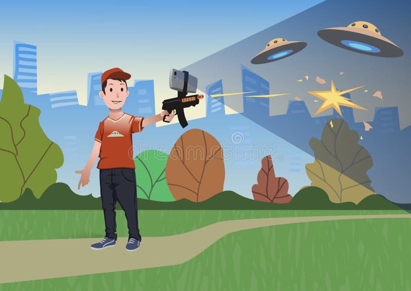 Augmented Reality Games. Boy with AR Gun Playing a Shooter. Game Weapon ...