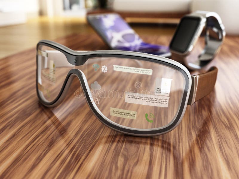Augmented Reality Glasses, Smartphone and Smartwatch on Wooden Table ...