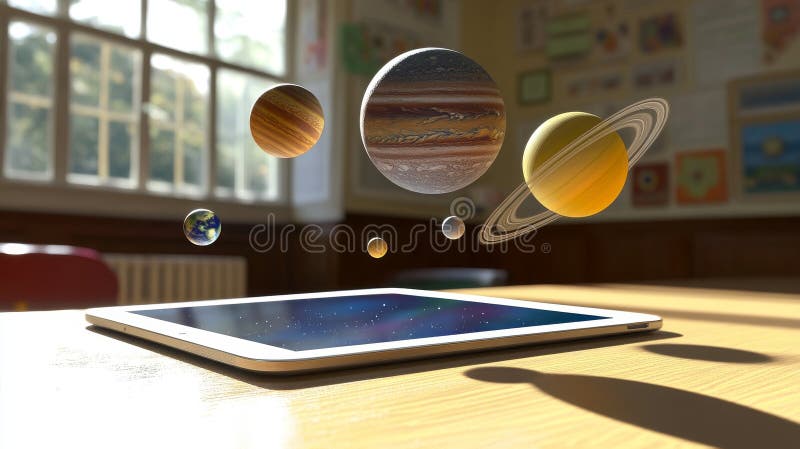 An Augmented Reality Hologram with Planets and the Cosmos Appears on a ...