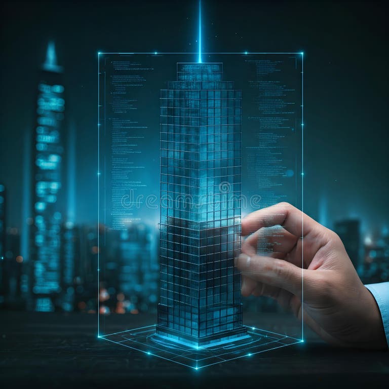 Augmented Reality Image: Hand Examining Virtual Skyscraper on Blurred ...