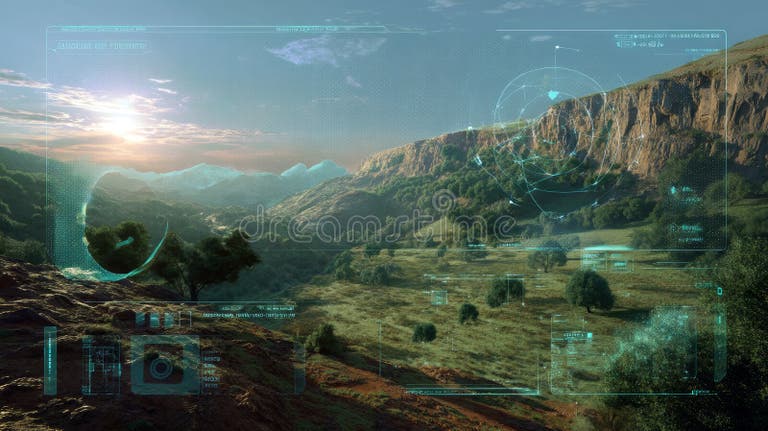 Augmented Reality Landscape with Data Overlays and Futuristic UI Stock ...