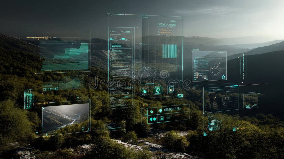 Augmented Reality Landscape with Data Overlays and Futuristic UI Stock ...