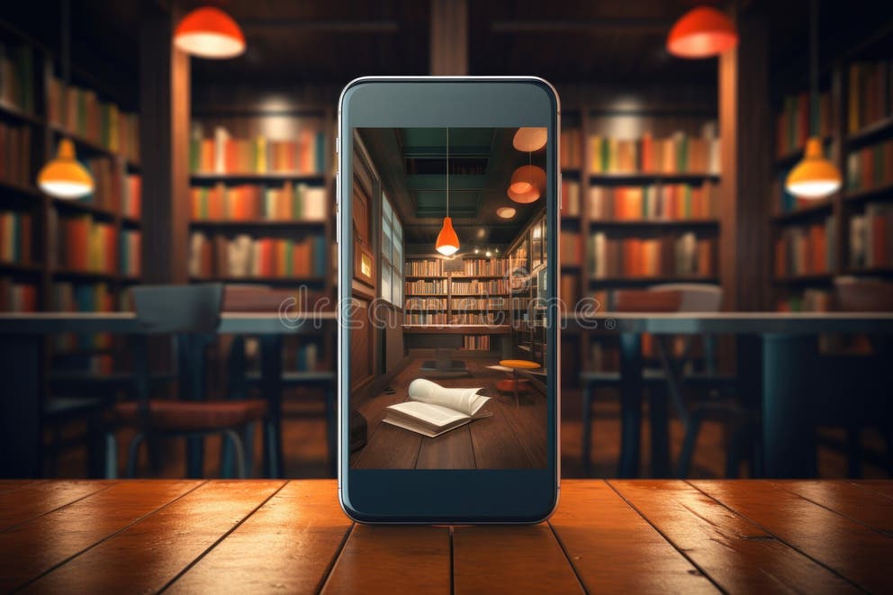 Augmented Reality Library Concept. Smartphone with 3D Rendered Library on Screen Stock ...