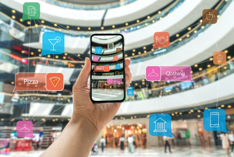 Augmented Reality Marketing in the Shopping Mall. Hand Holding Smart ... Augmented Reality Marketing in the Shopping Mall. Hand Holding Smart ...