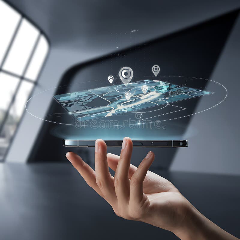 Augmented Reality Navigation Holographic Map on Smartphone Stock ...