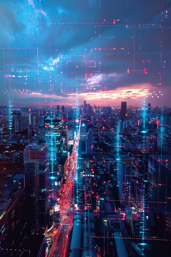 Augmented Reality Overlay on Cityscape, Dusk, Wide Shot, Vibrant Data Streams, Blending ...