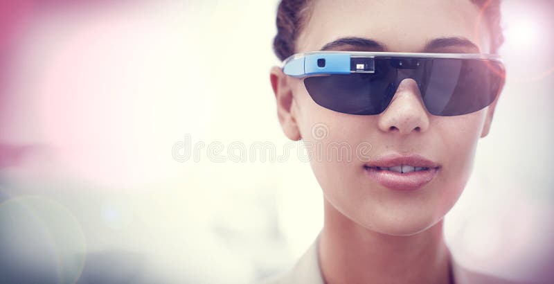 Augmented Reality, Portrait and Woman with Smart Glasses, Internet Connection and Mockup in ...